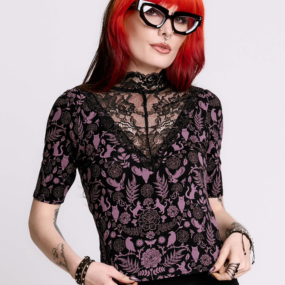 Folklore Lace Top – Gothic Lace Mock Neck Printed Top – Midnight Hour