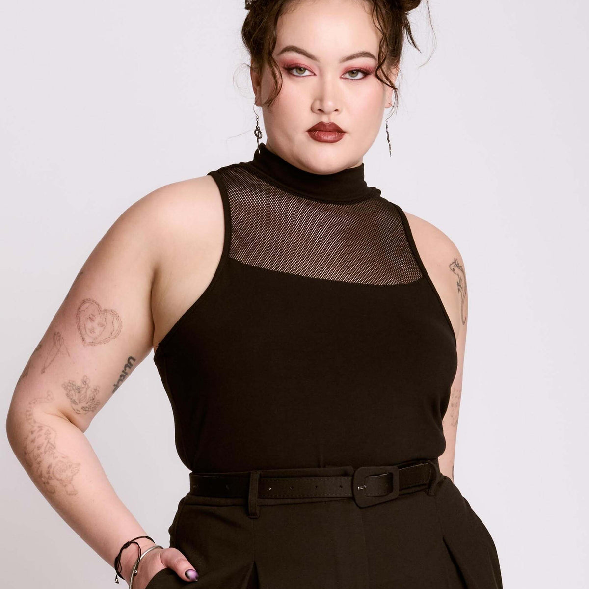 Black Fishnet Mock Neck Tank Top by Midnight Hour – Mesh Yoke, USA Made